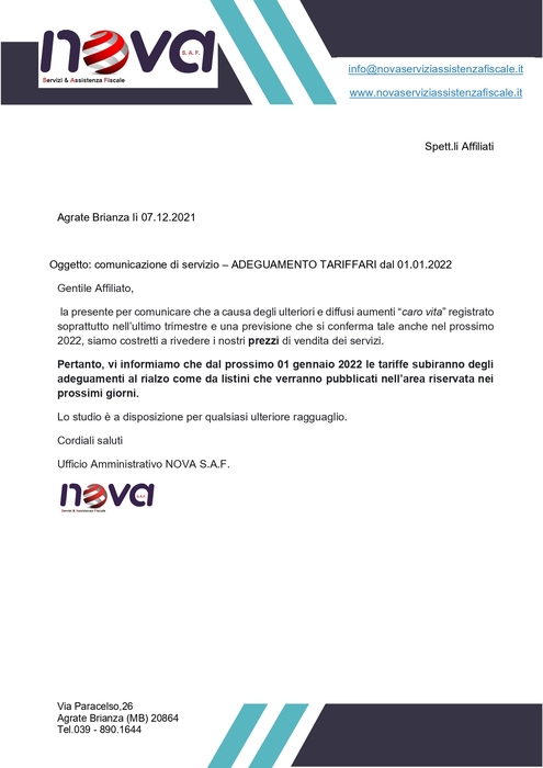 Comunicazione aumento prezzi listino 2022 :: Nova servizi assistenza ...