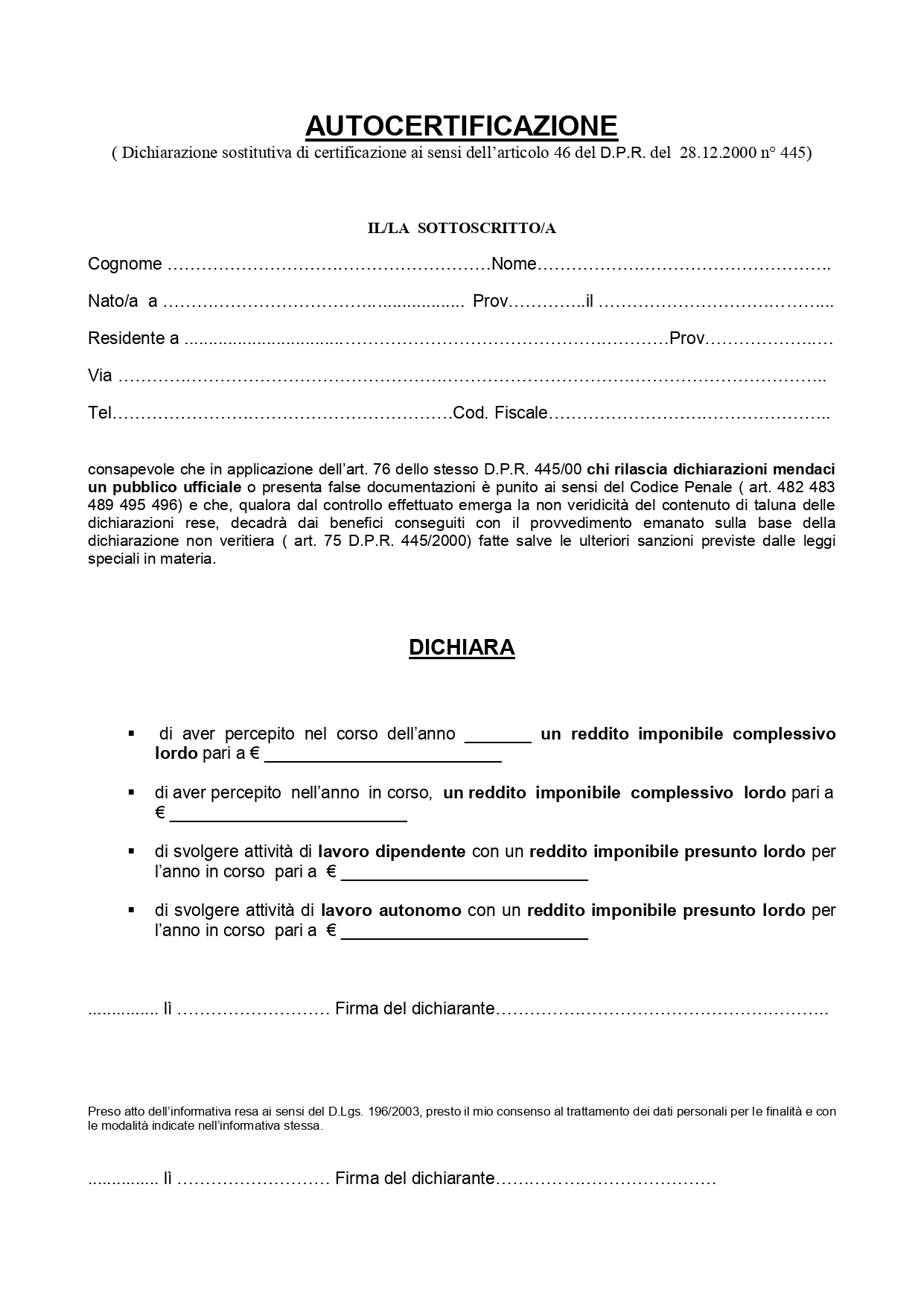 AUTOCERTIFICAZIONE REDDITI PRESUNTI :: Nova servizi assistenza fiscale